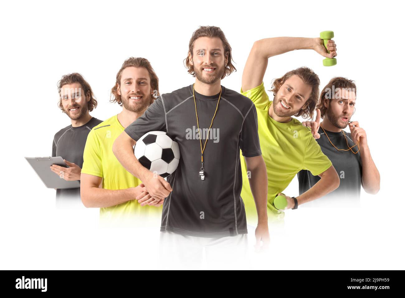 Collage with sporty male coach isolated on white Stock Photo - Alamy