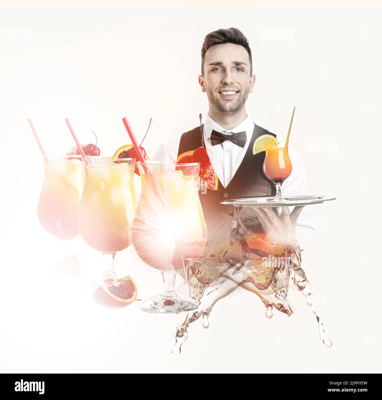Collage with handsome male bartender and cocktails on white background ...