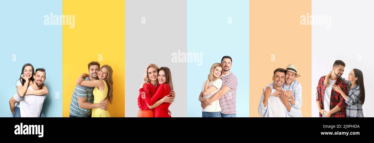 Collage with hugging couples on colorful background Stock Photo - Alamy