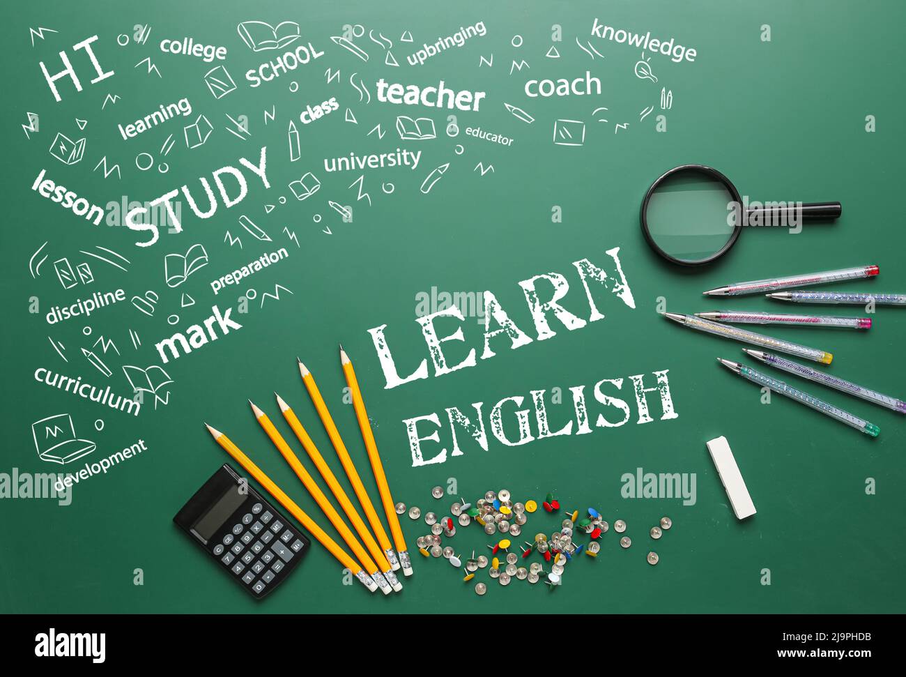 Text and different stationery on school blackboard. Learn English Stock ...