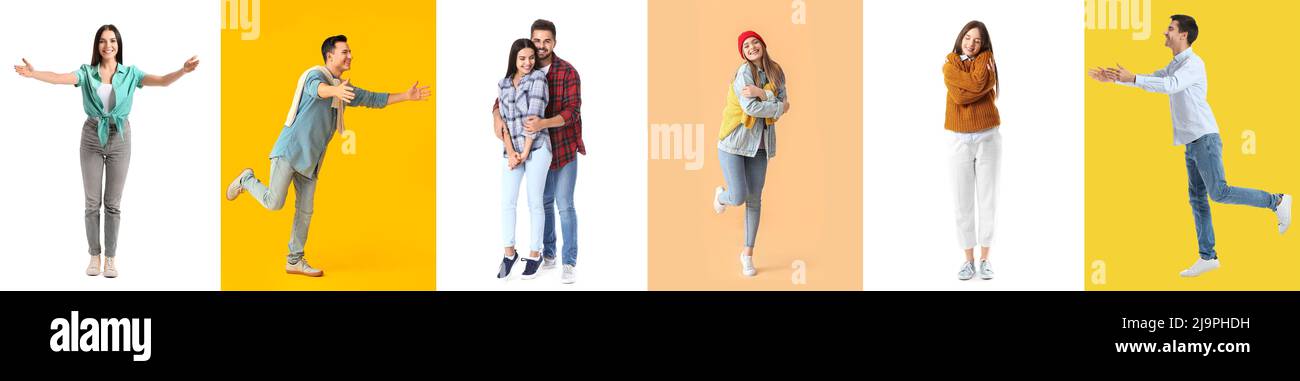Collage with people opening arms for hug and hugging themselves on ...