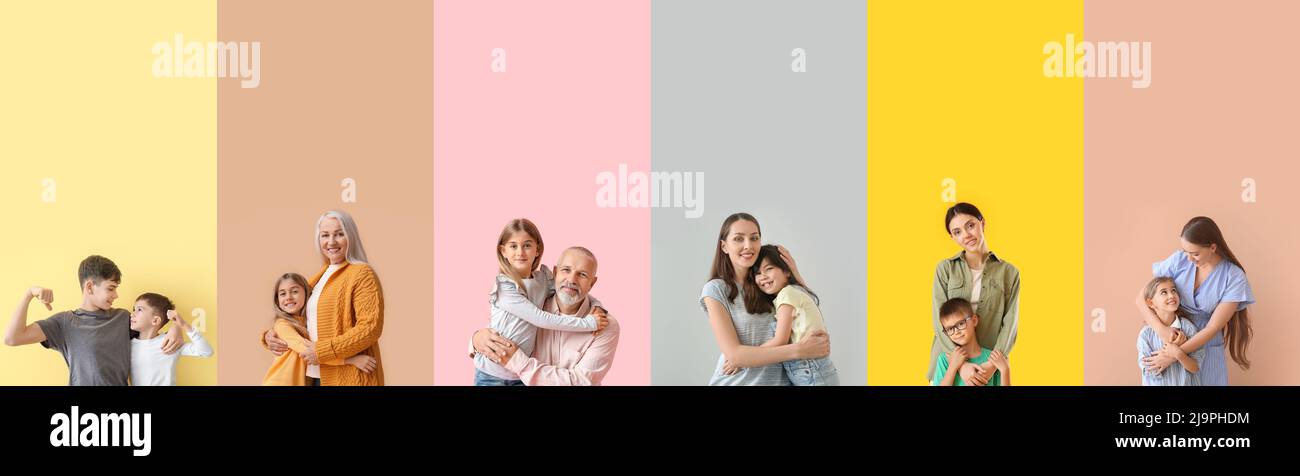 Collage with hugging people on colorful background Stock Photo - Alamy