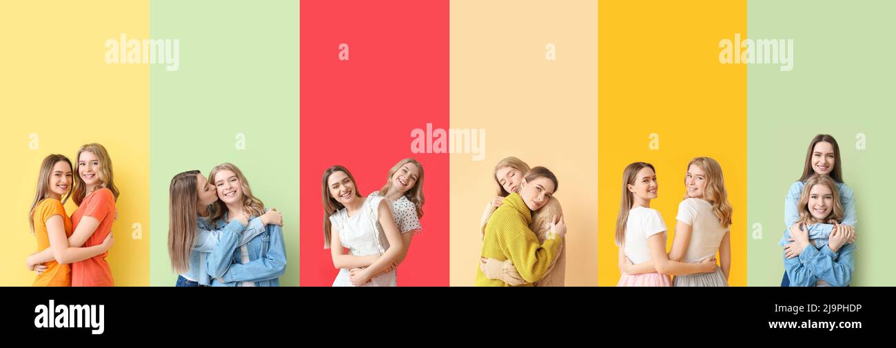 Collage with hugging sisters on colorful background Stock Photo - Alamy