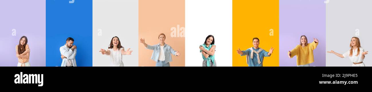 Collage with people opening arms for hug on colorful background Stock ...