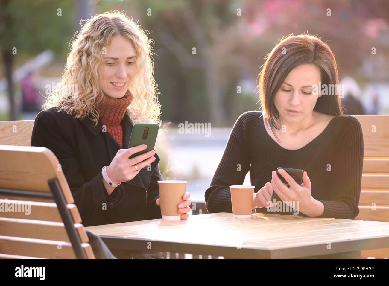 Two distracted female friends browsing their mobile phones while ...