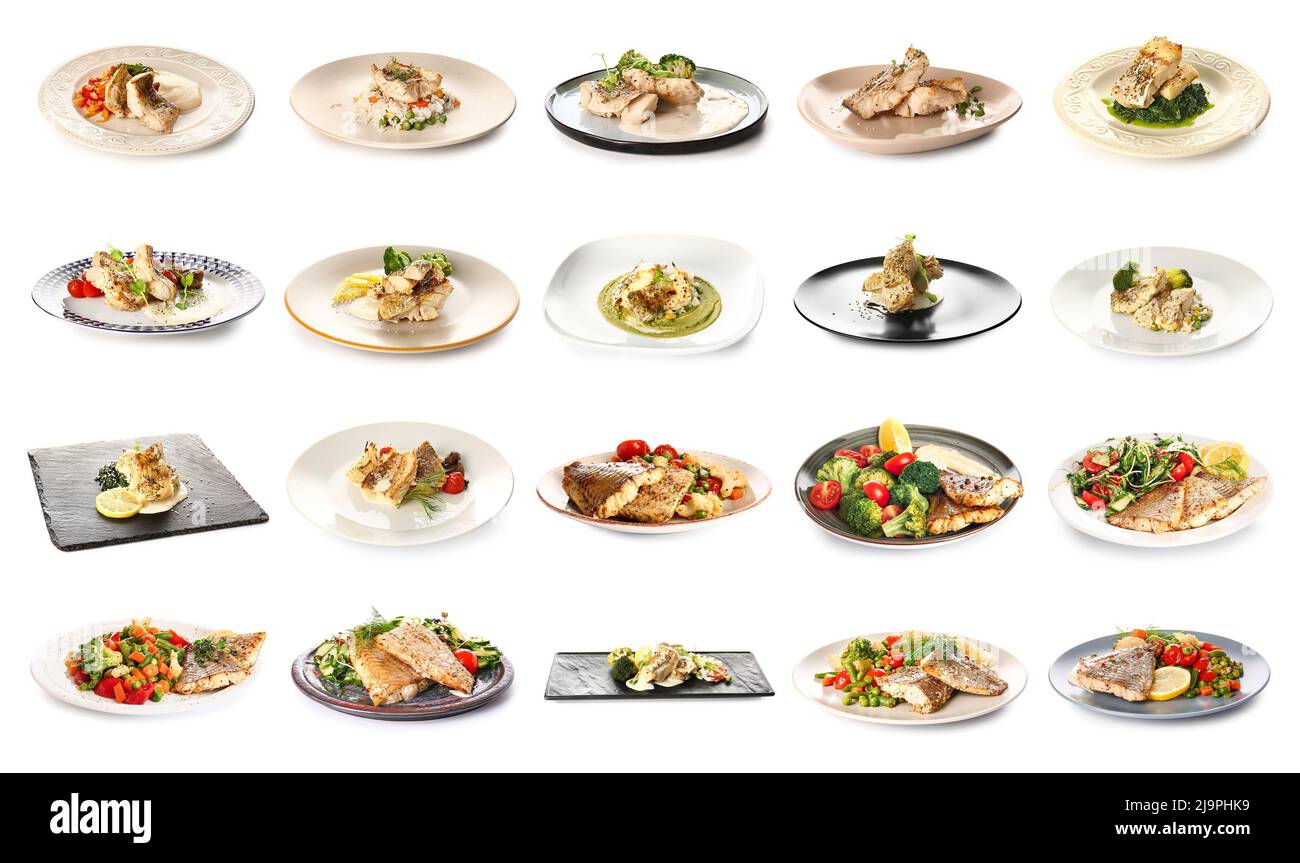 Set of plates with tasty baked cod fish fillet and vegetables on white ...