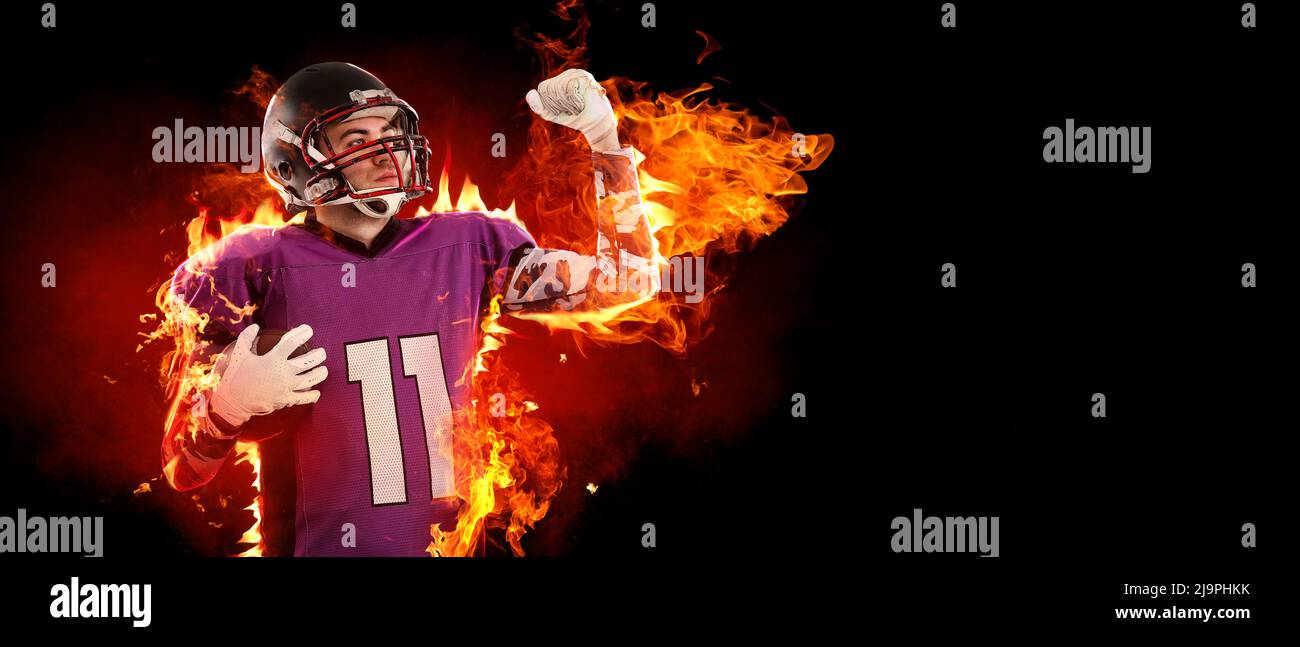 Burning American football player on dark background with space for text ...