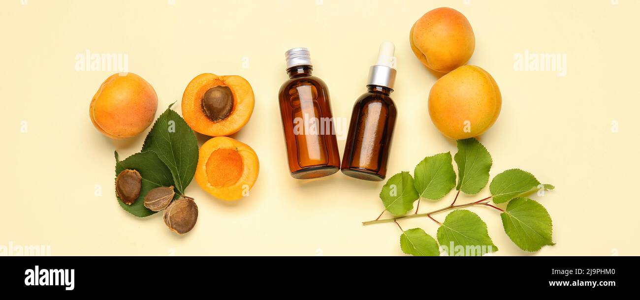 Composition with bottles of apricot essential oil on color background ...