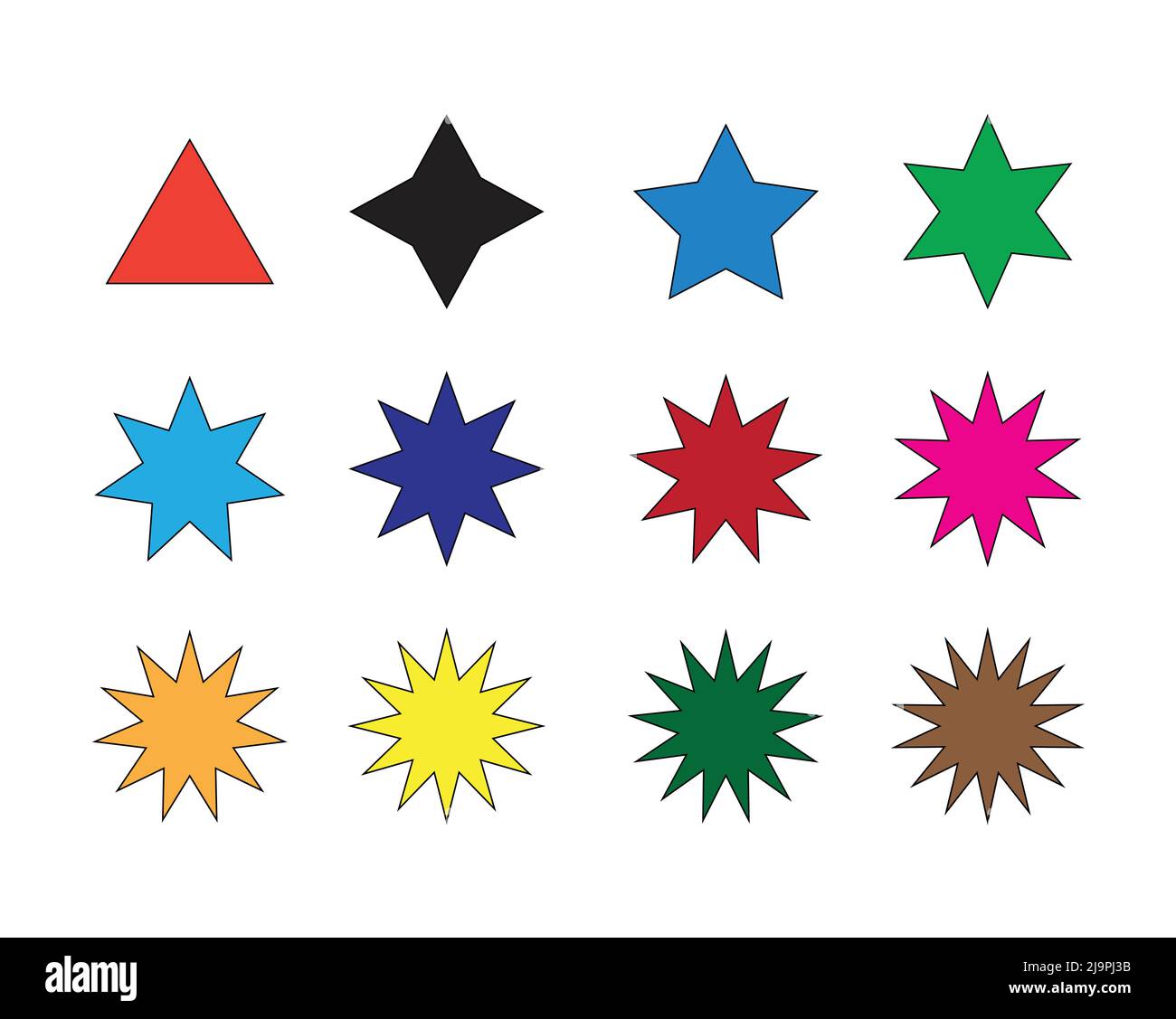 13 different types of stars. and different types of colors. on white ...