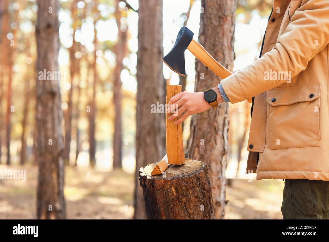 Male tourist chopping wood hi-res stock photography and images - Alamy