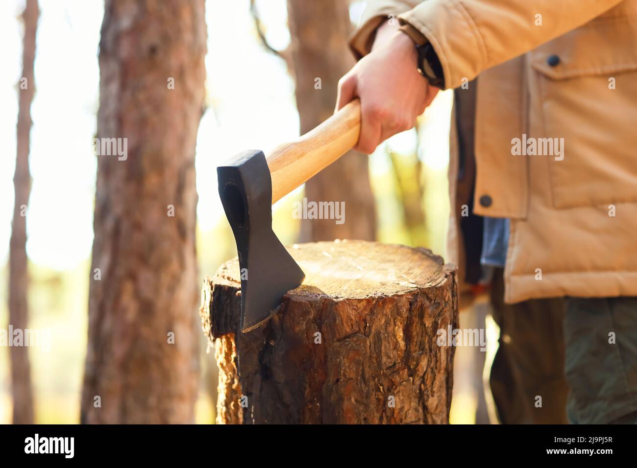 Male tourist chopping wood hi-res stock photography and images - Alamy