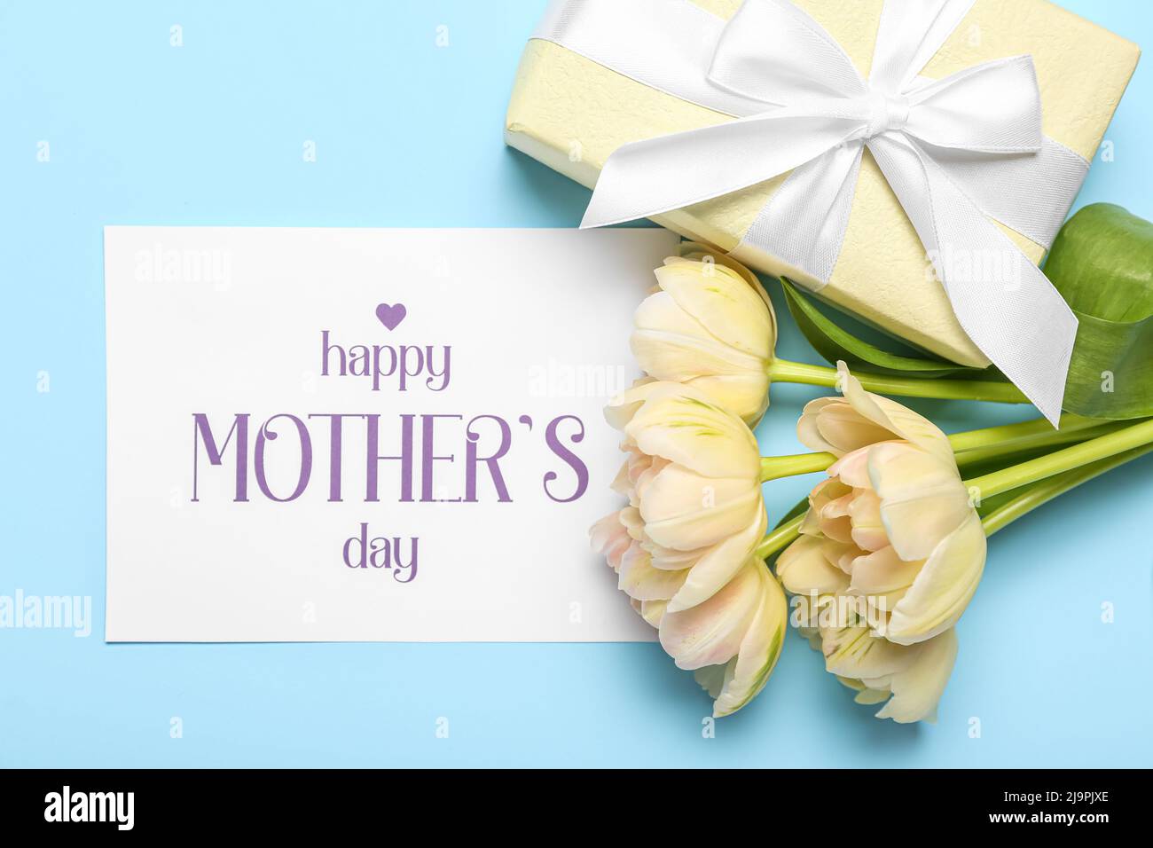 Card with text HAPPY MOTHER'S DAY, flowers and gift box on blue ...
