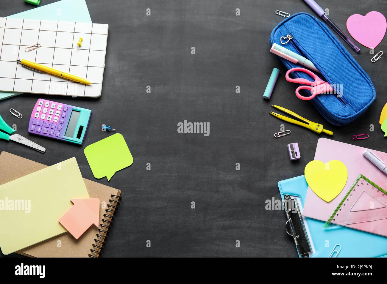 Frame made of school stationery on blackboard, top view Stock Photo - Alamy