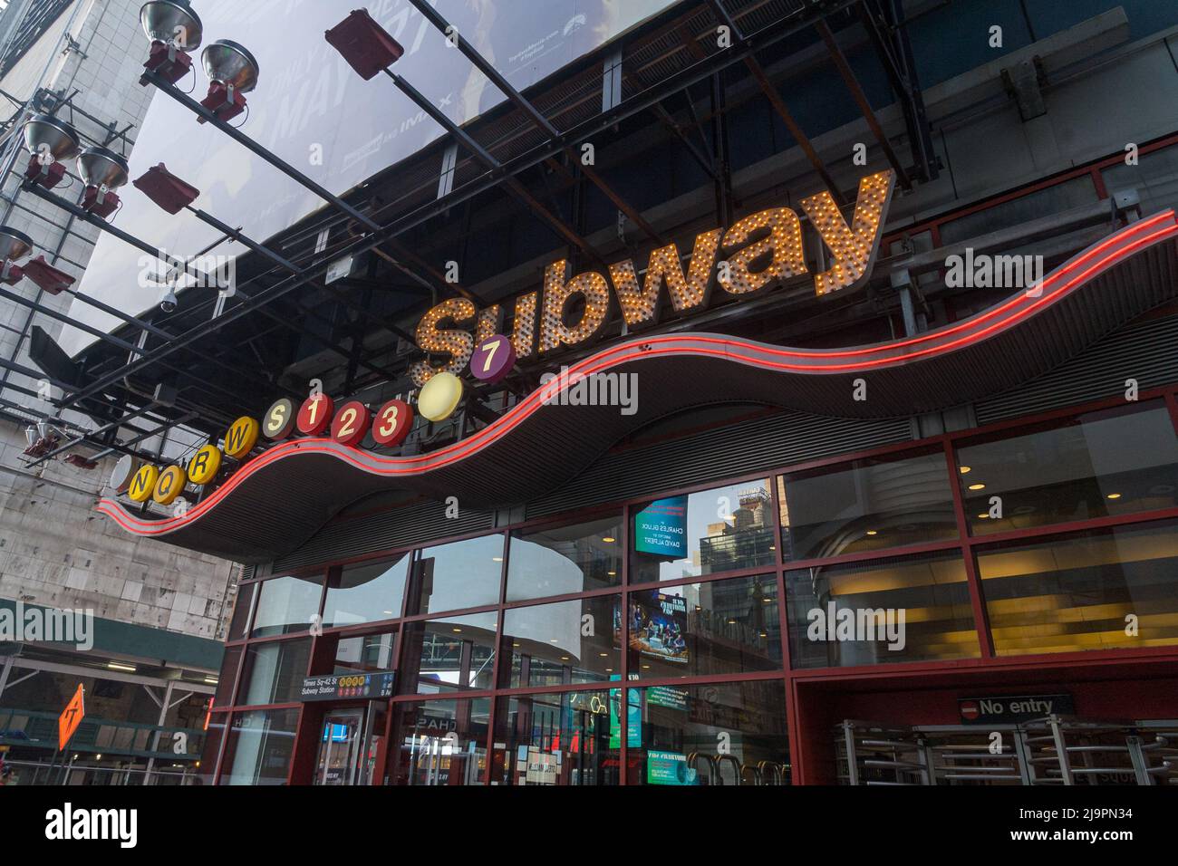 New York, NY - USA - May 20, 2022 View of the Neon Subway sign at the ...