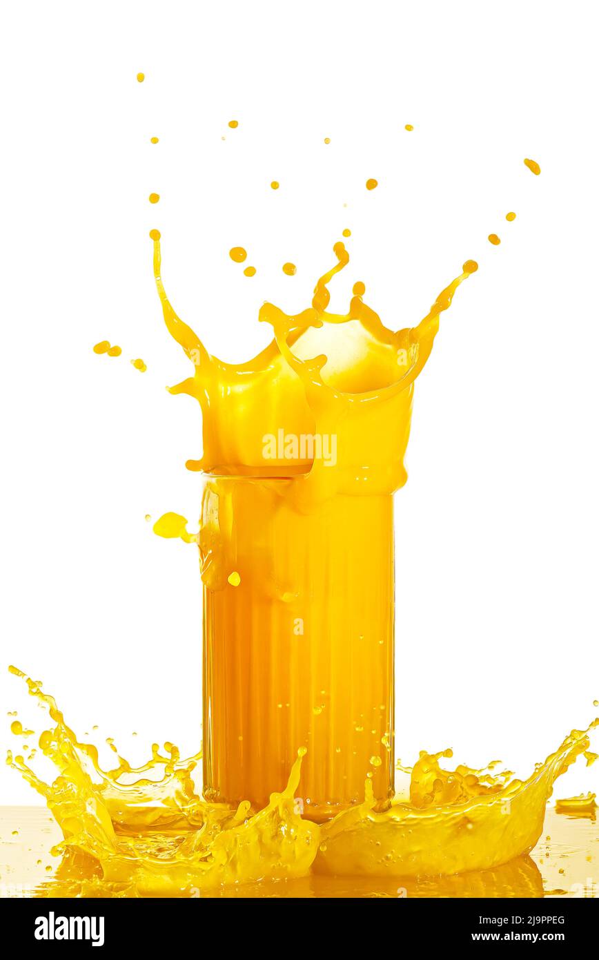 orange juice splash isolated on white. glass of splashing orange juice ...