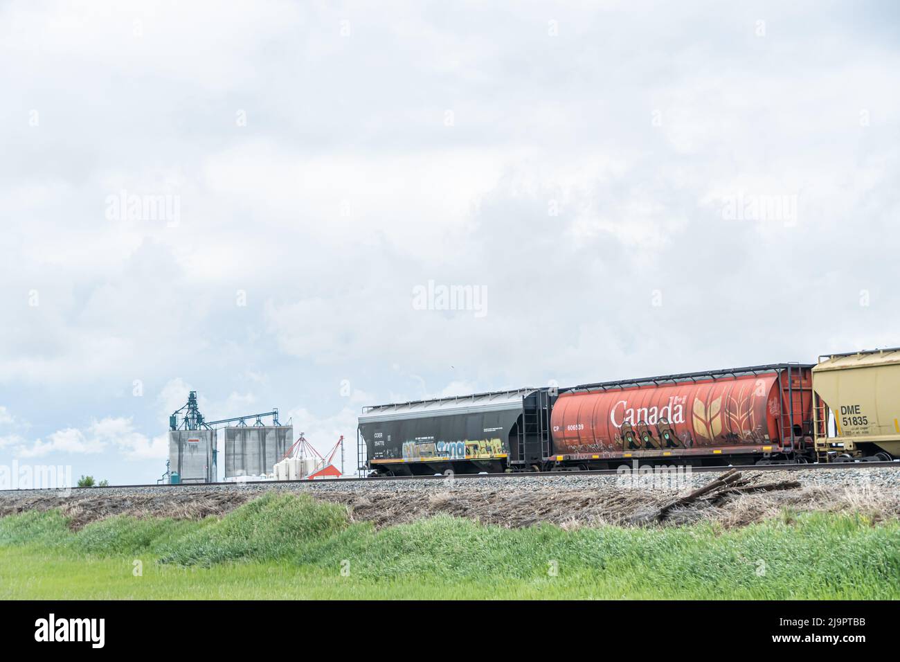 June 27 2019 - Vulcan Alberta Canada - Railway train with Grain ...