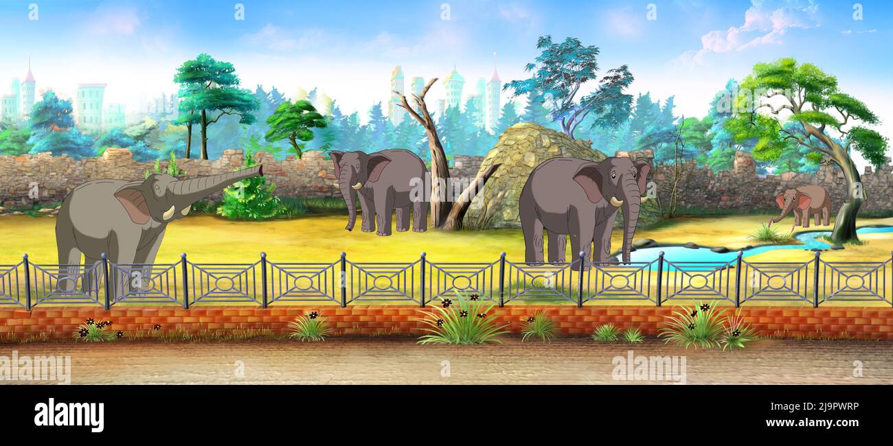 Big elephants in the zoo on a sunny day. Digital Painting Background ...