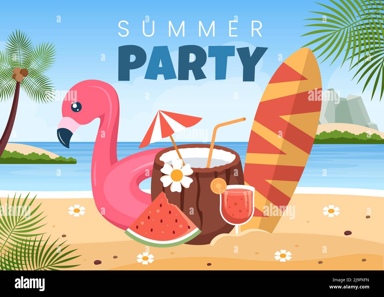 Summer Party Cartoon Background Illustration with Tropical Plants ...