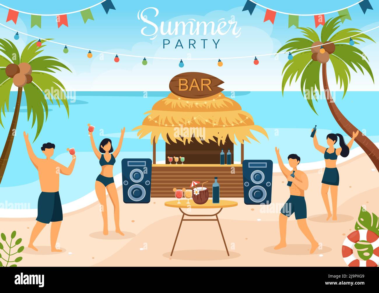 Summer Party Cartoon Background Illustration with Tropical Plants ...