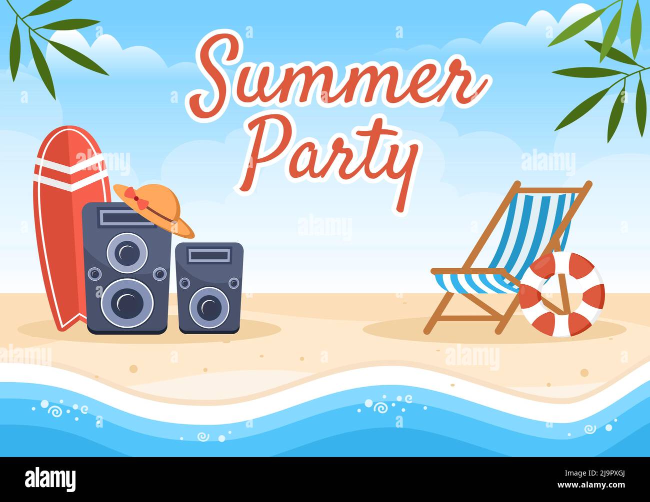 Summer Party Cartoon Background Illustration with Tropical Plants ...