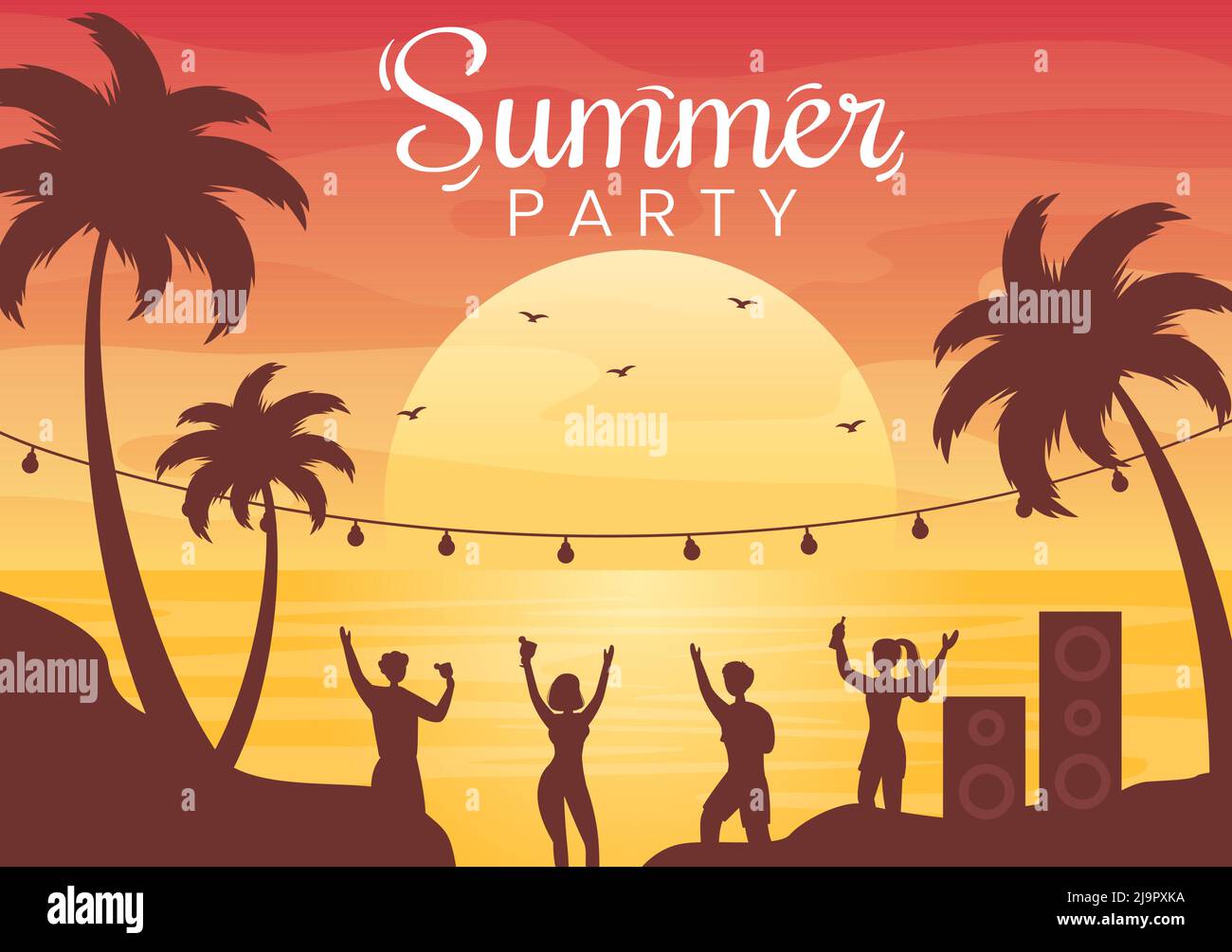 Summer Party Cartoon Background Illustration with Tropical Plants ...