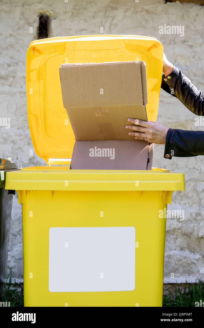 Waste sorting. Woman puts cardboard box in a yellow container Stock ...