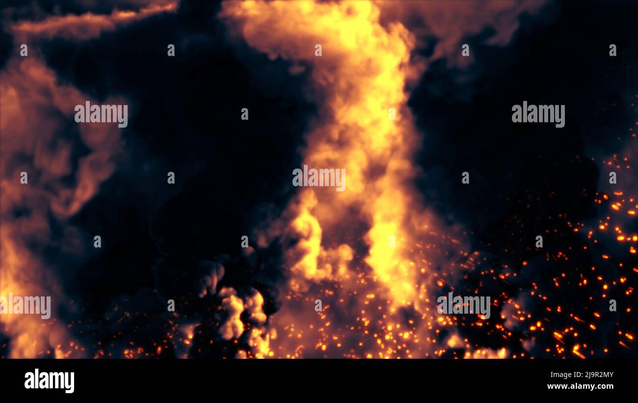 Dark black and orange war or battle actions background with smoke and ...