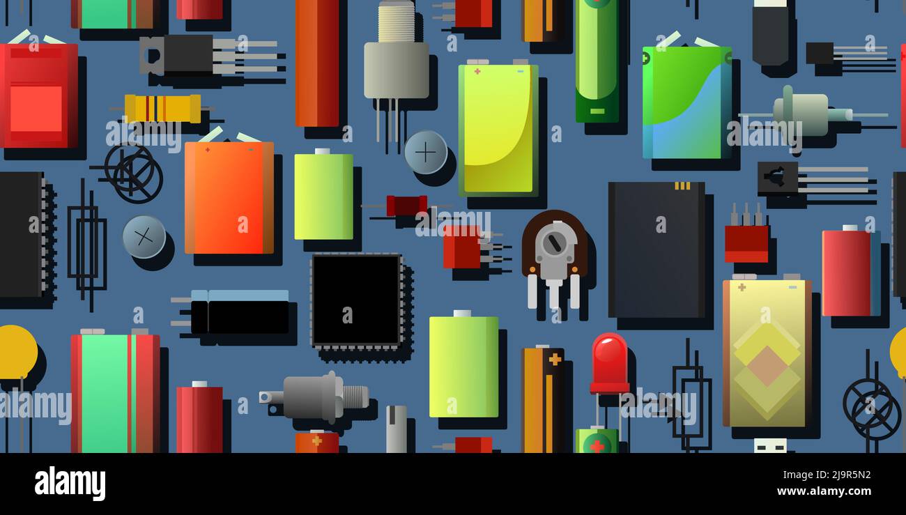 Battery Energy source and radio components. Seamless pattern ...
