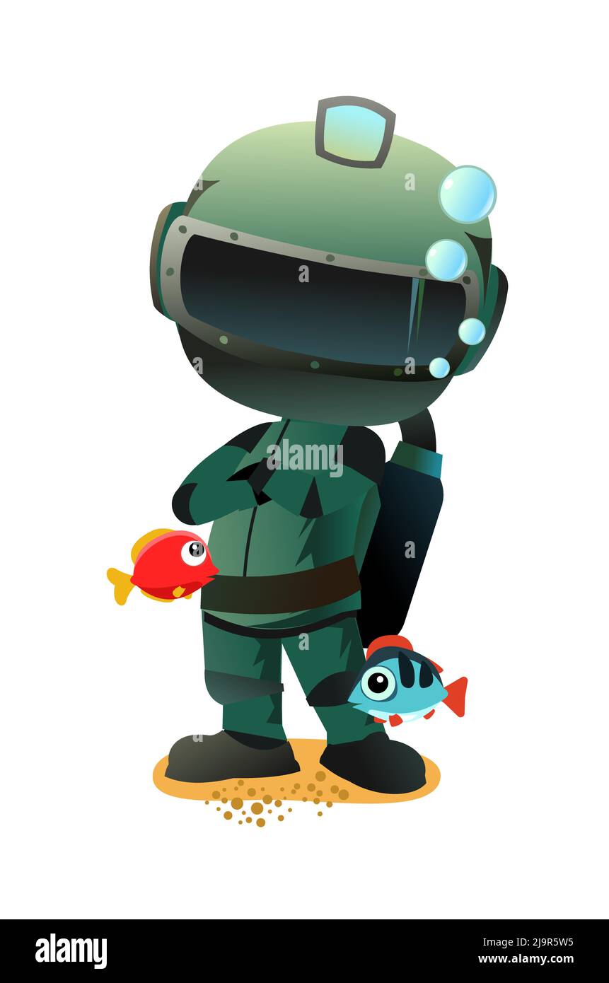 Diver in retro scuba gear with balloon on back. Guy in underwater suit ...