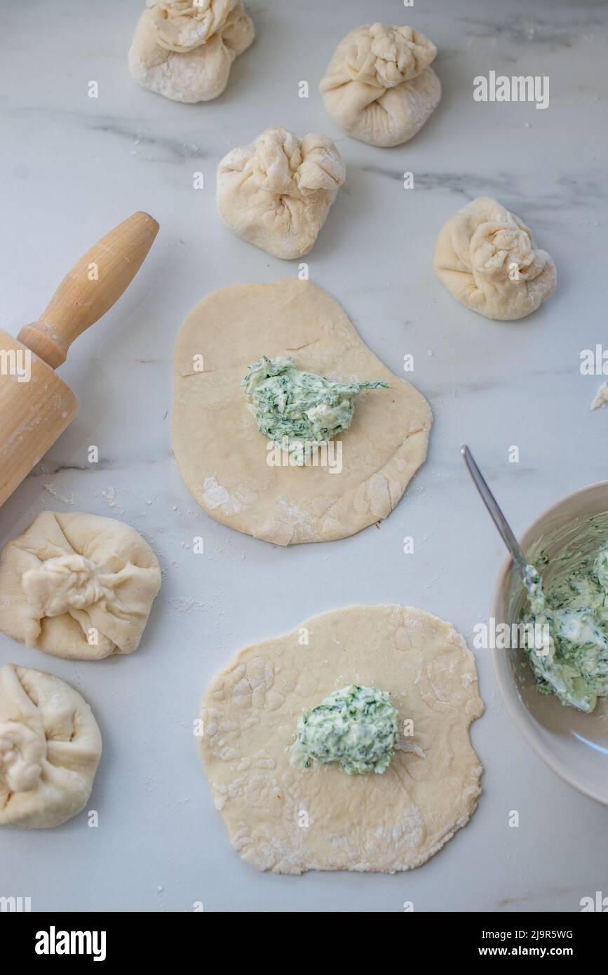 Shanghai pan fried pork dumpling with wild garlic Stock Photo - Alamy