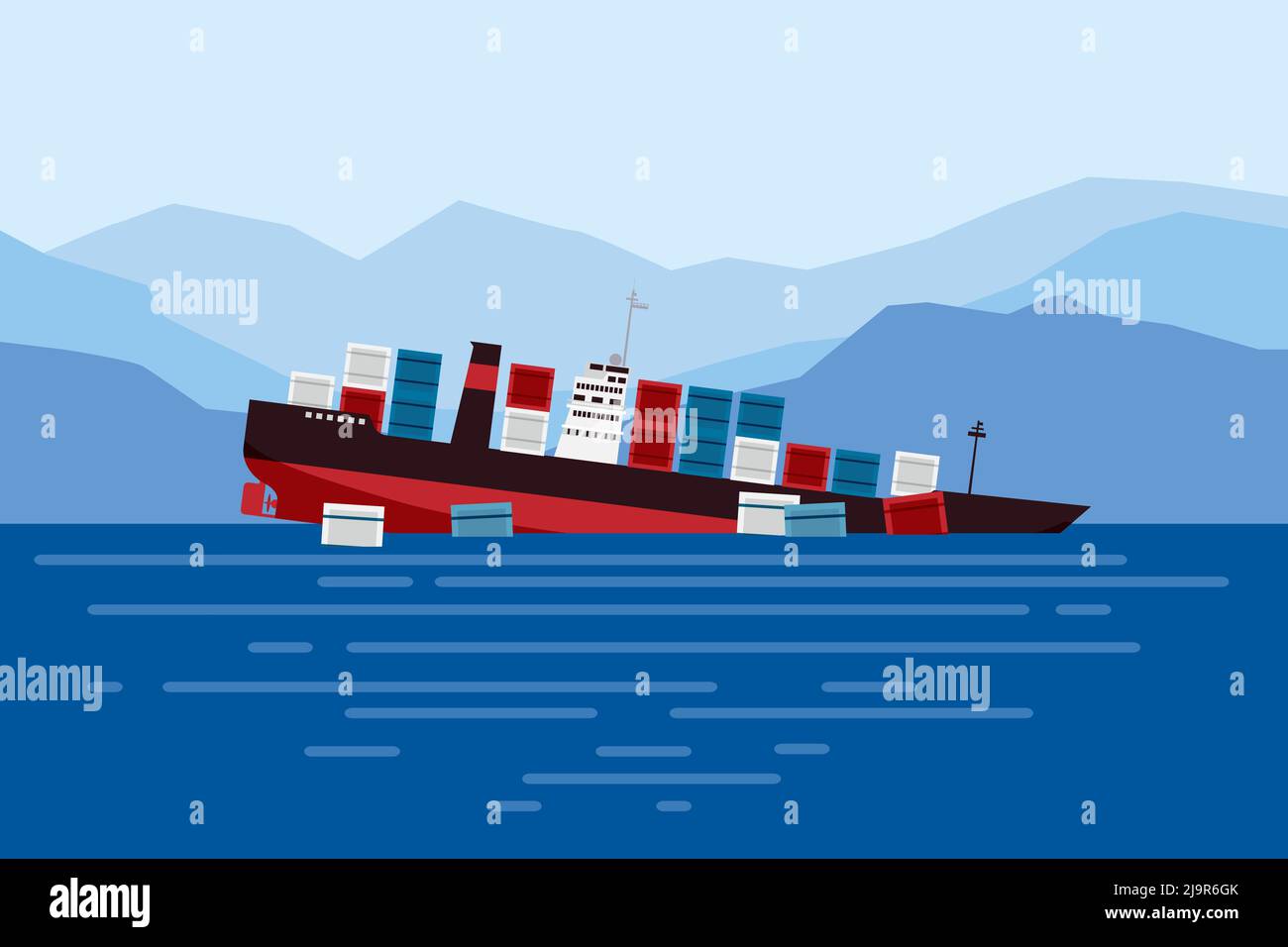 Shipwreck of cargo ship in ocean, vessel going under water and goods ...