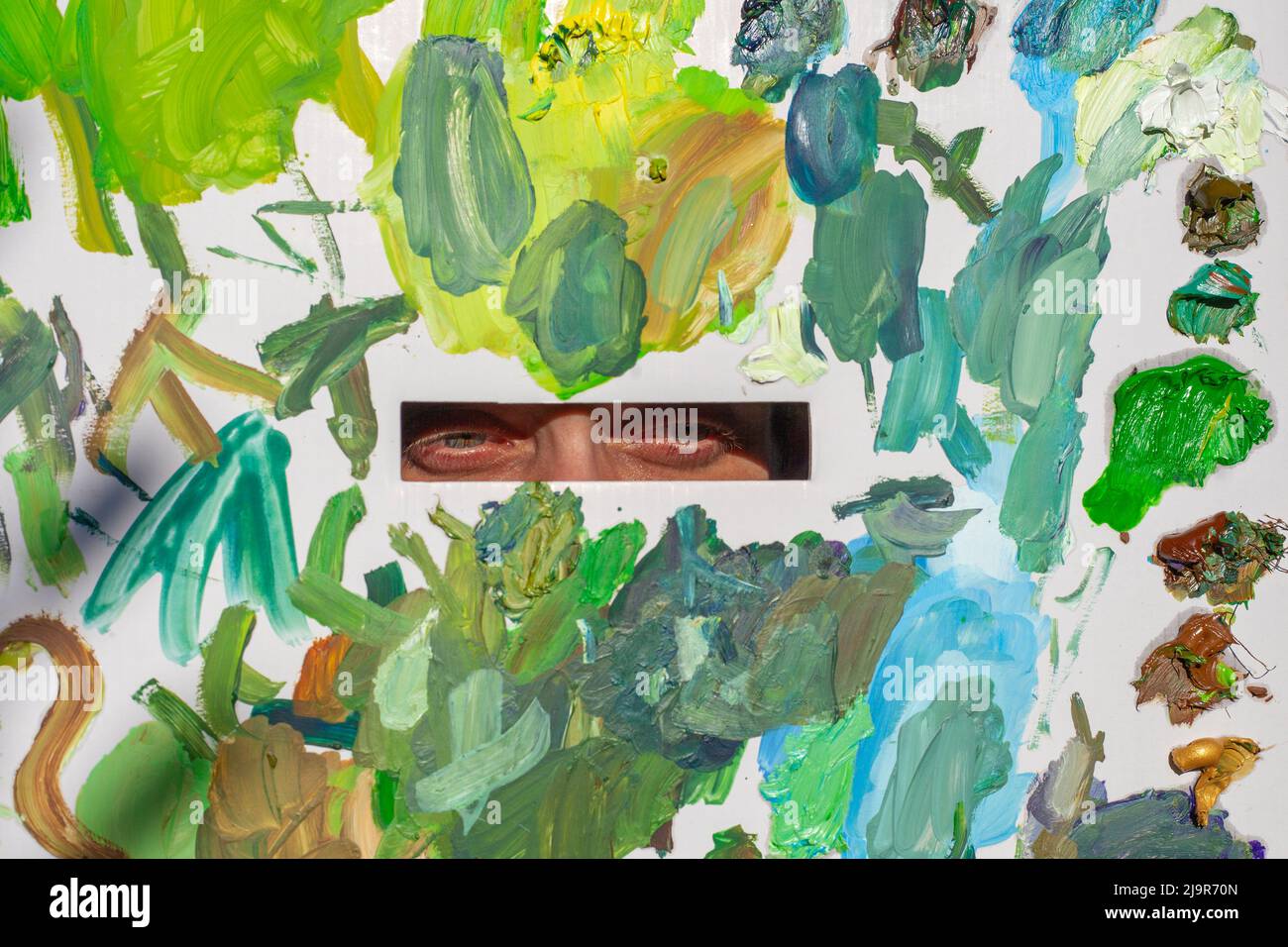 The artist looks around through the picture. Canvas painted with oil ...