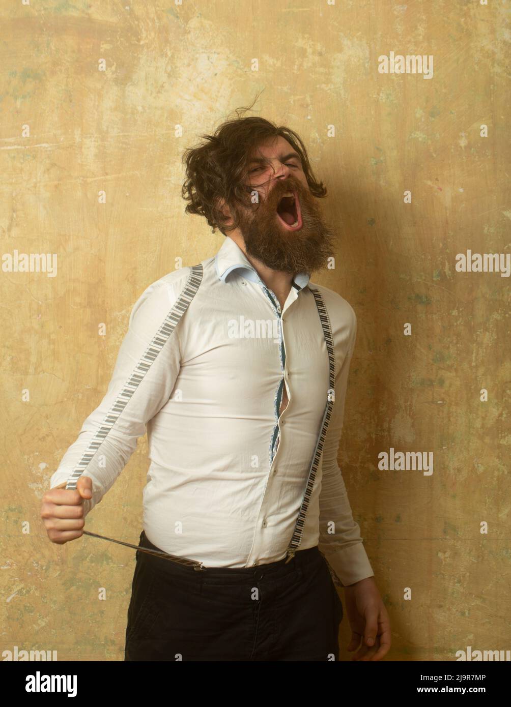 Funny crazy guy man his suspenders feel candid face expression shout ...