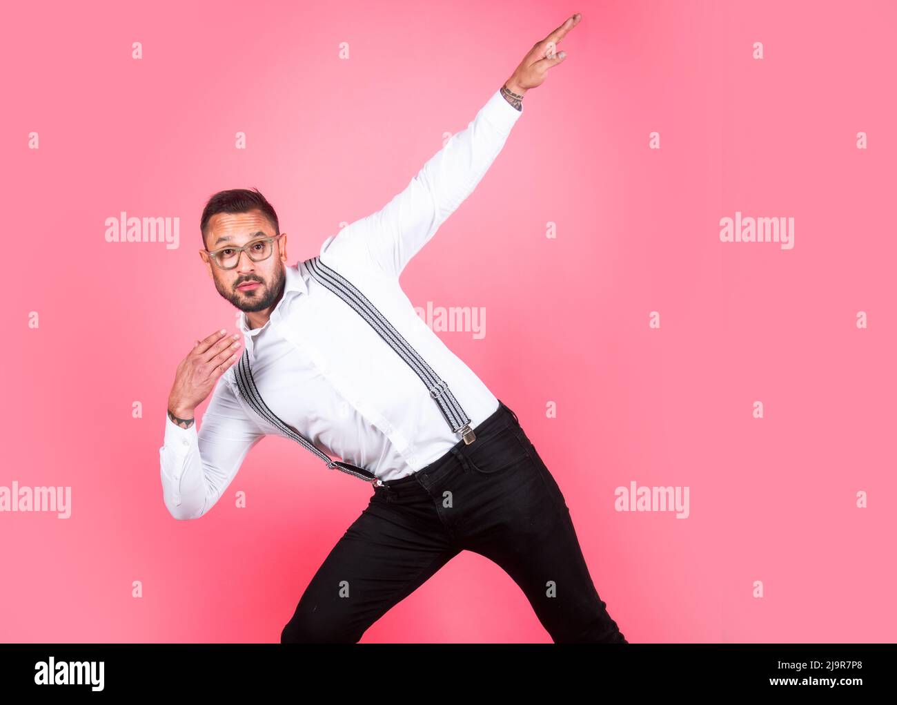 Funny male model with win gesture celebrate success. Portrait of funny ...
