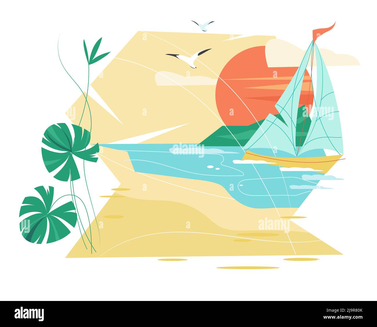 Summer sea coast, tropical beach flat vector illustration isolated on ...