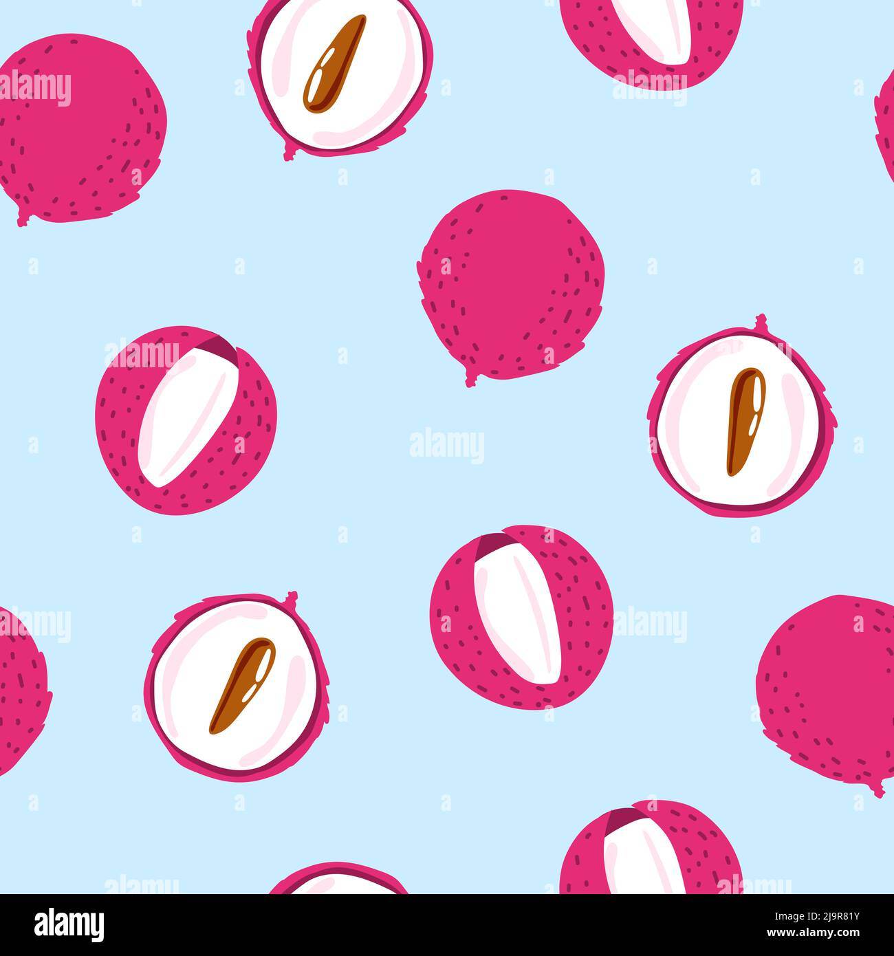 Seamless drawing of an exotic litchi fruit whole and halves, hand-drawn ...