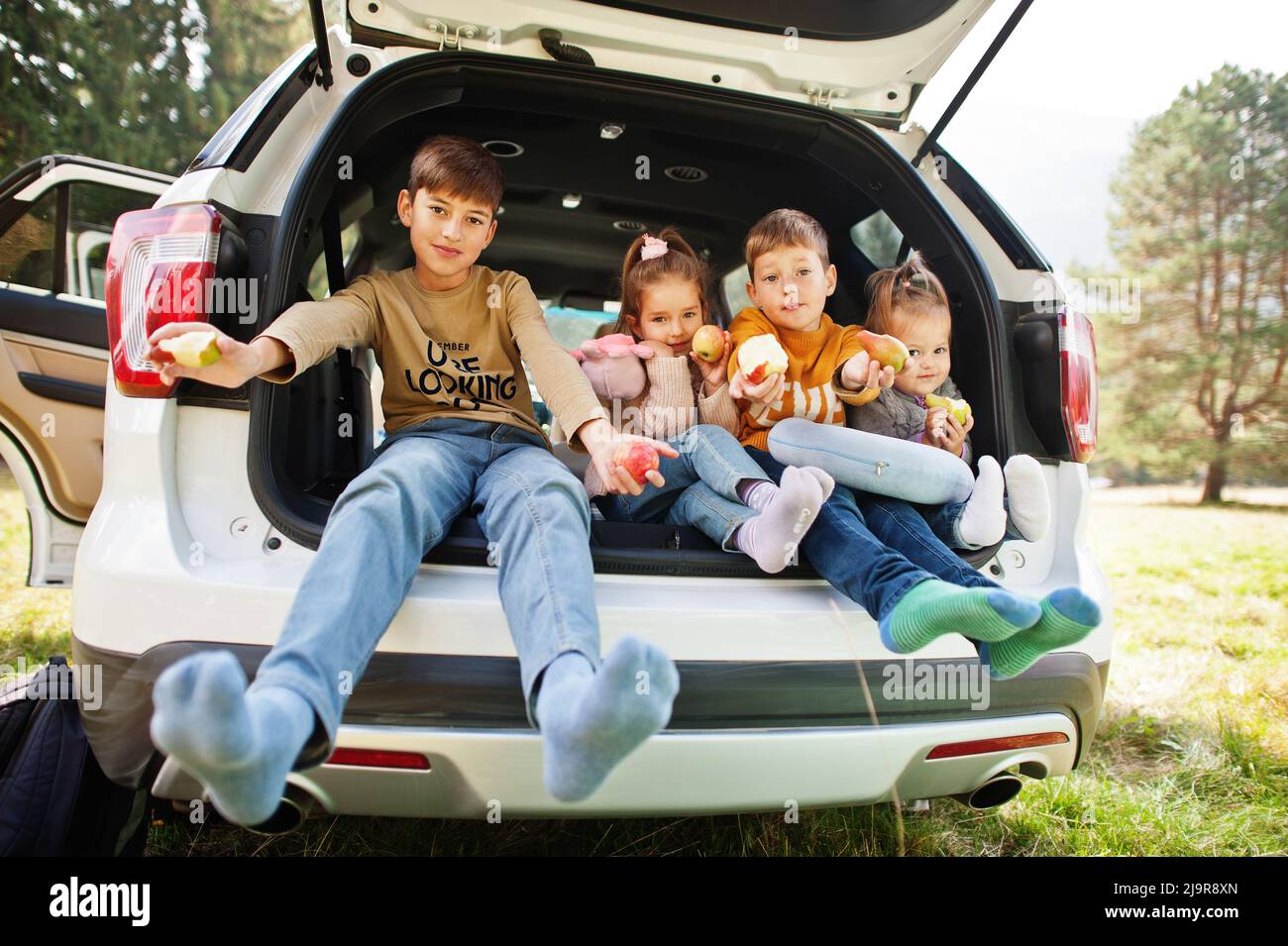 Family of four kids eat apples at vehicle interior. Children sitting in ...
