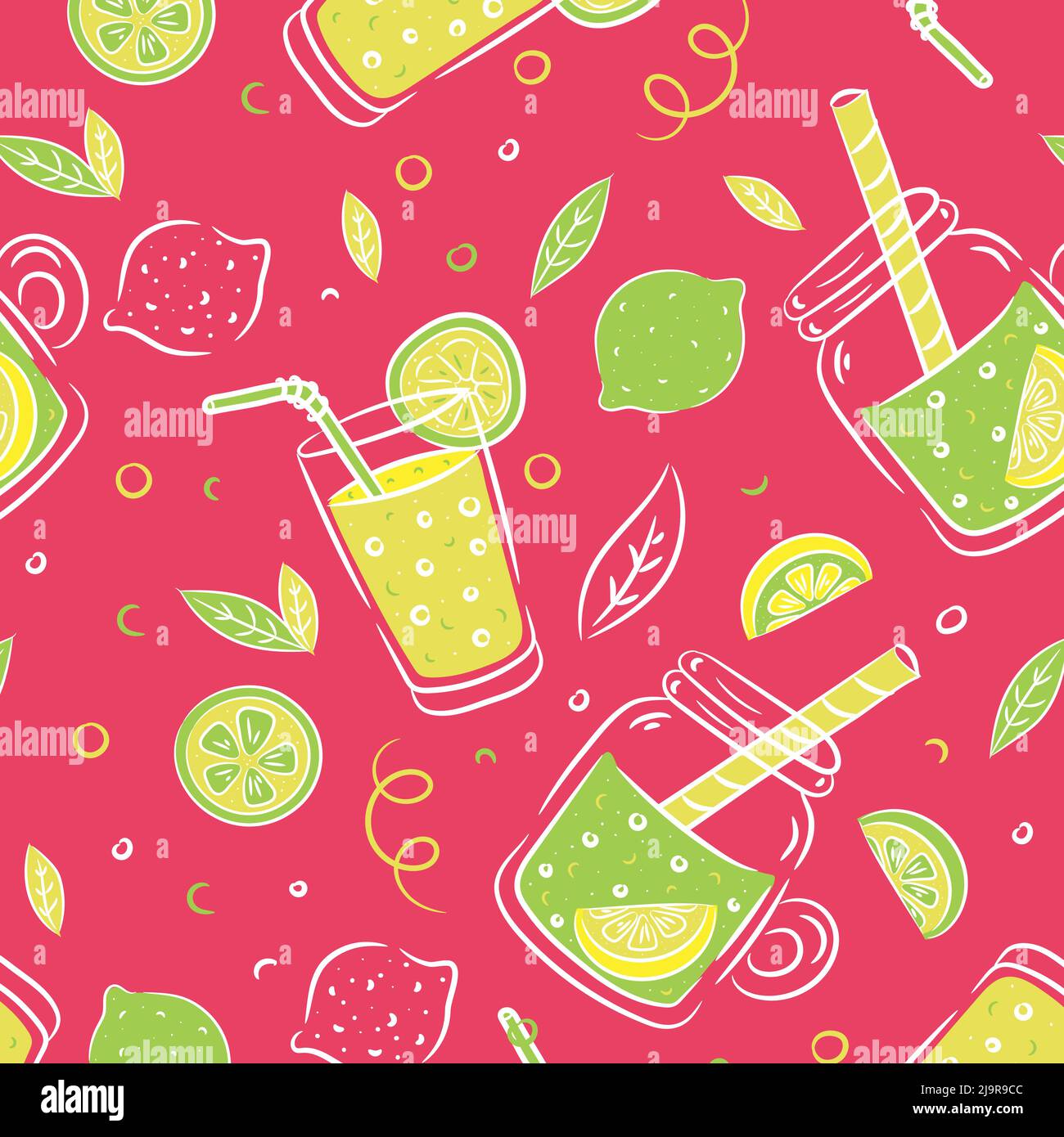 Summer seamless pattern with lemon, lemon slice, jar with lemonade, leaves. Fruit repeated ...