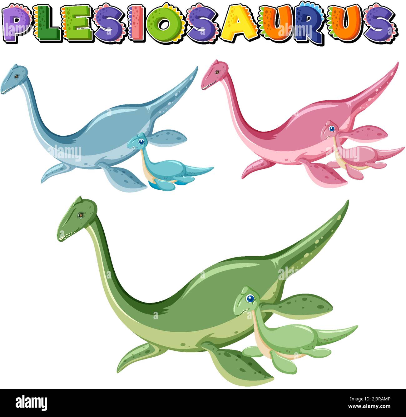 Plesiosaurs word logo with dinosaurs cartoon set illustration Stock ...