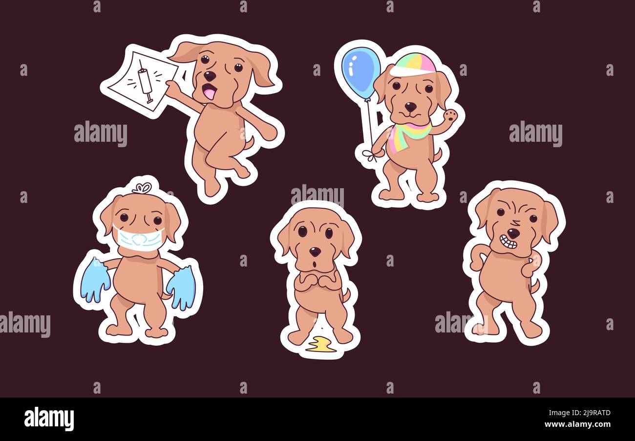 Funny puppy daily dog routine stickers set Stock Photo - Alamy