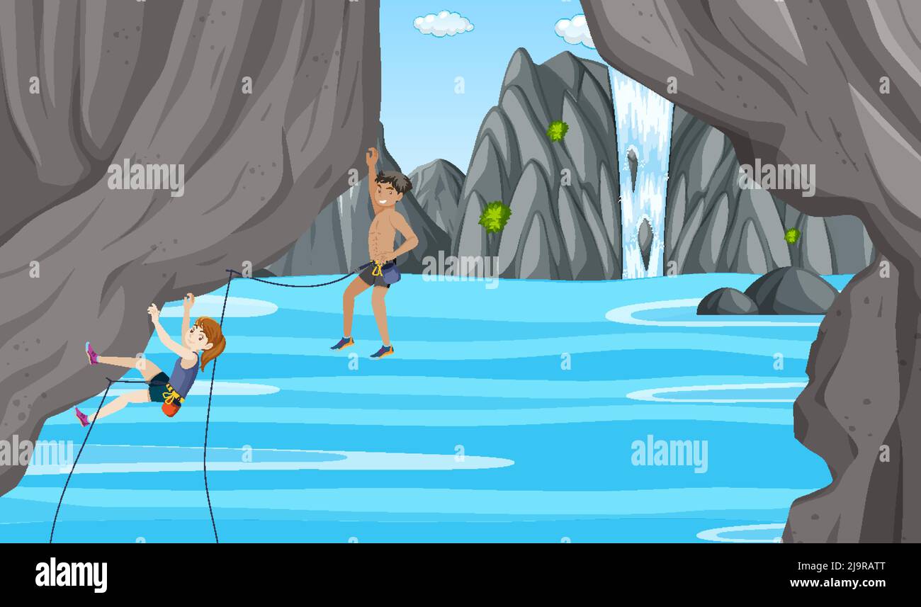 Outdoor scene with rock climber on cliff illustration Stock Vector ...