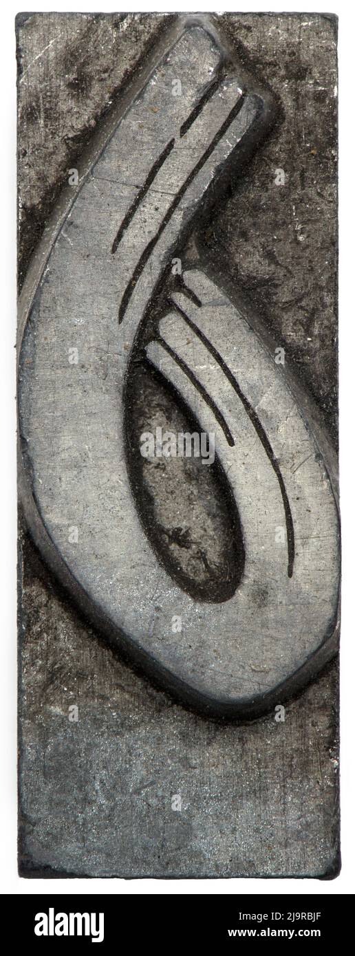 Close-up of old lowercase metal lead letter number 6 from printer font ...