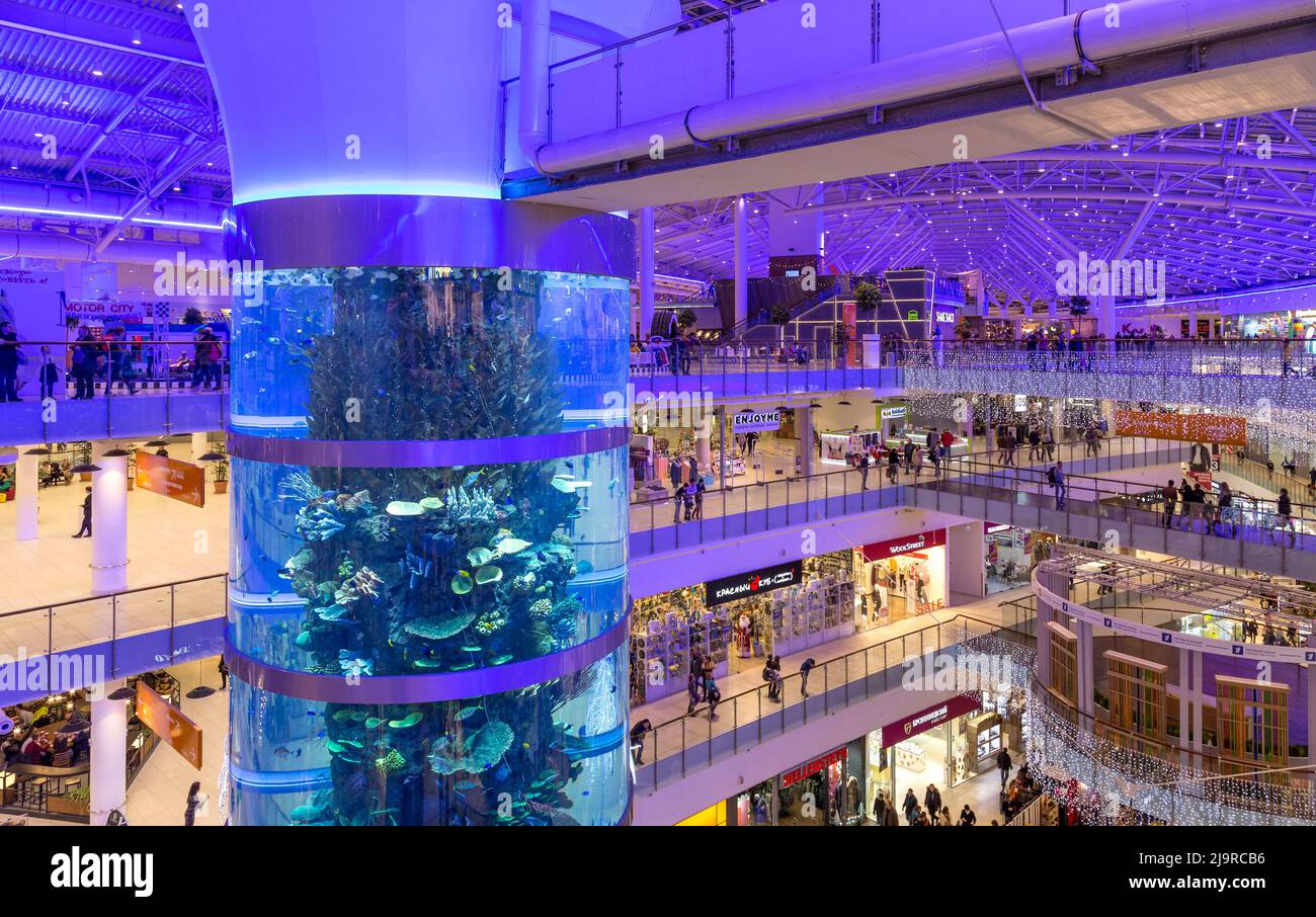 Moscow, Russia - December 8, 2015: Interior of Aviapark shopping mall ...