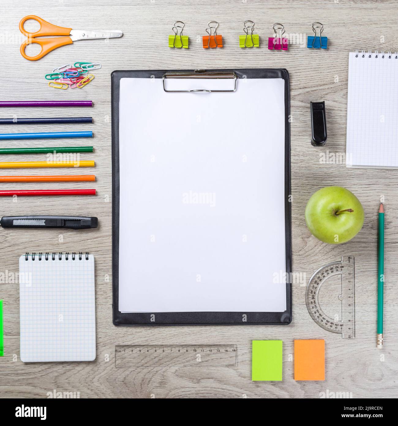 school supplies with pencils, paint pens paper scissors and rulers ...