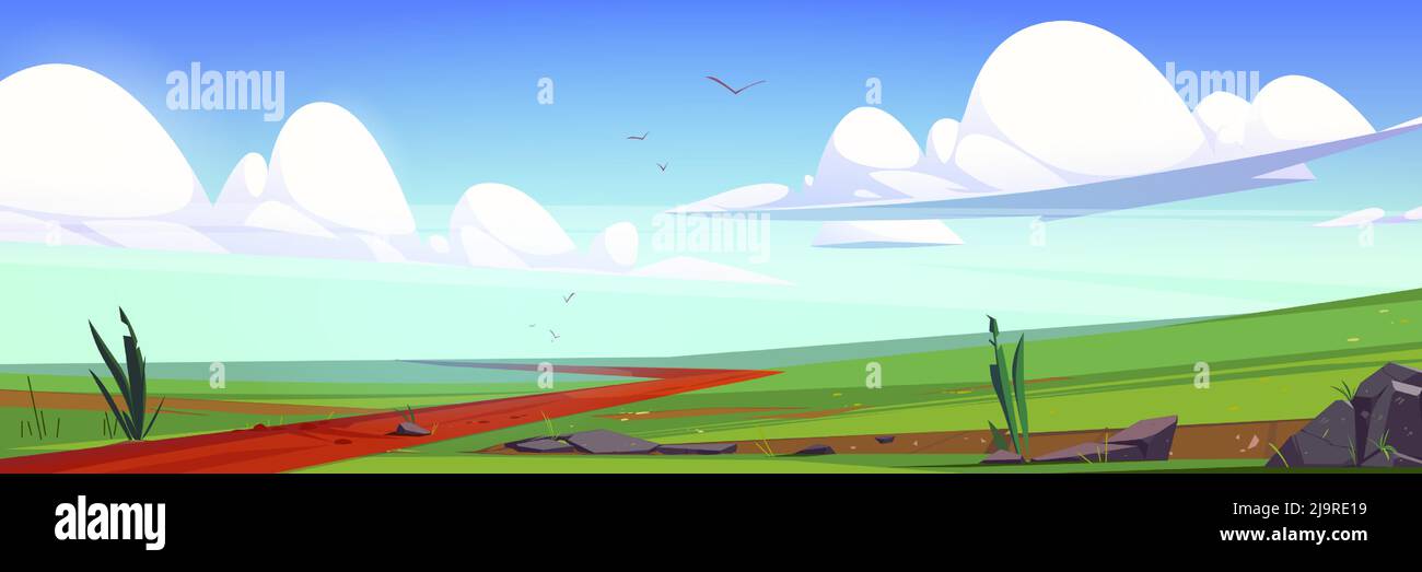 Meadows, fields with green grass and road. Vector cartoon illustration ...