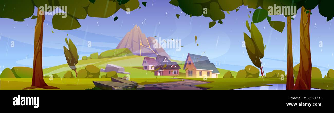 Storm, rainy landscape with mountain and houses. Vector cartoon ...