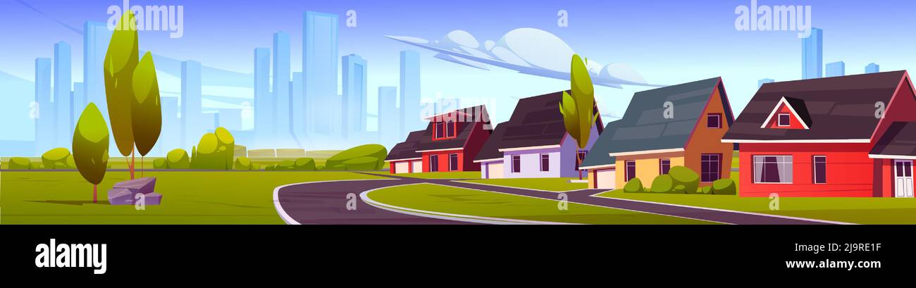 Suburb district with houses, road and city buildings on skyline in ...
