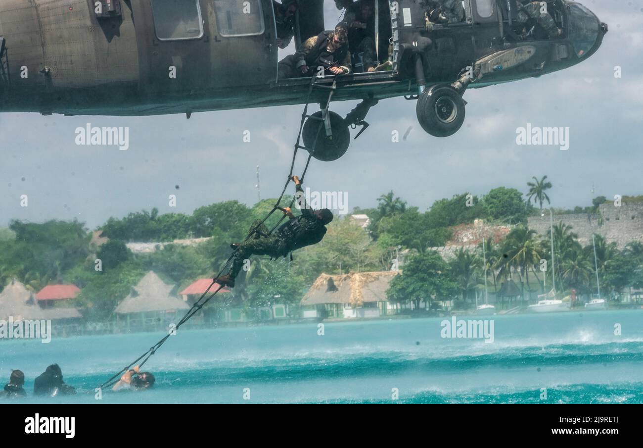A Colombian Marine climbs a ladder attached to a U.S. Army Sikorsky UH ...