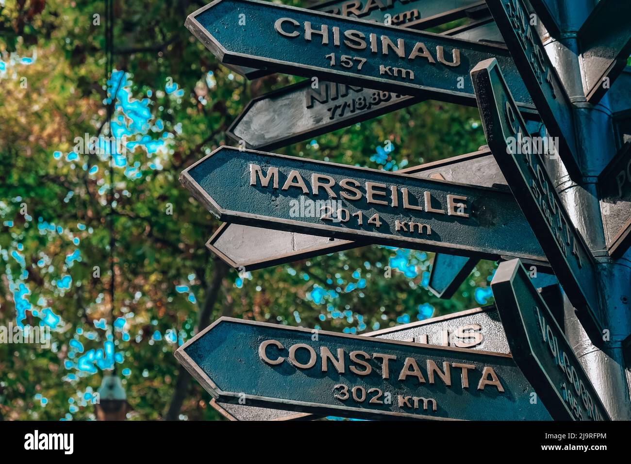 Direction street sign showing distance between cities in Odessa Ukraine ...