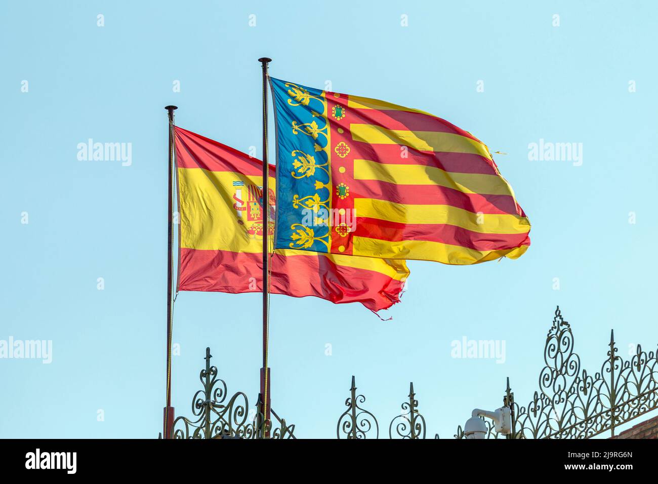 Valencia, Spain - 05 06 2022: Spanish and valencian flags on the Plaza ...